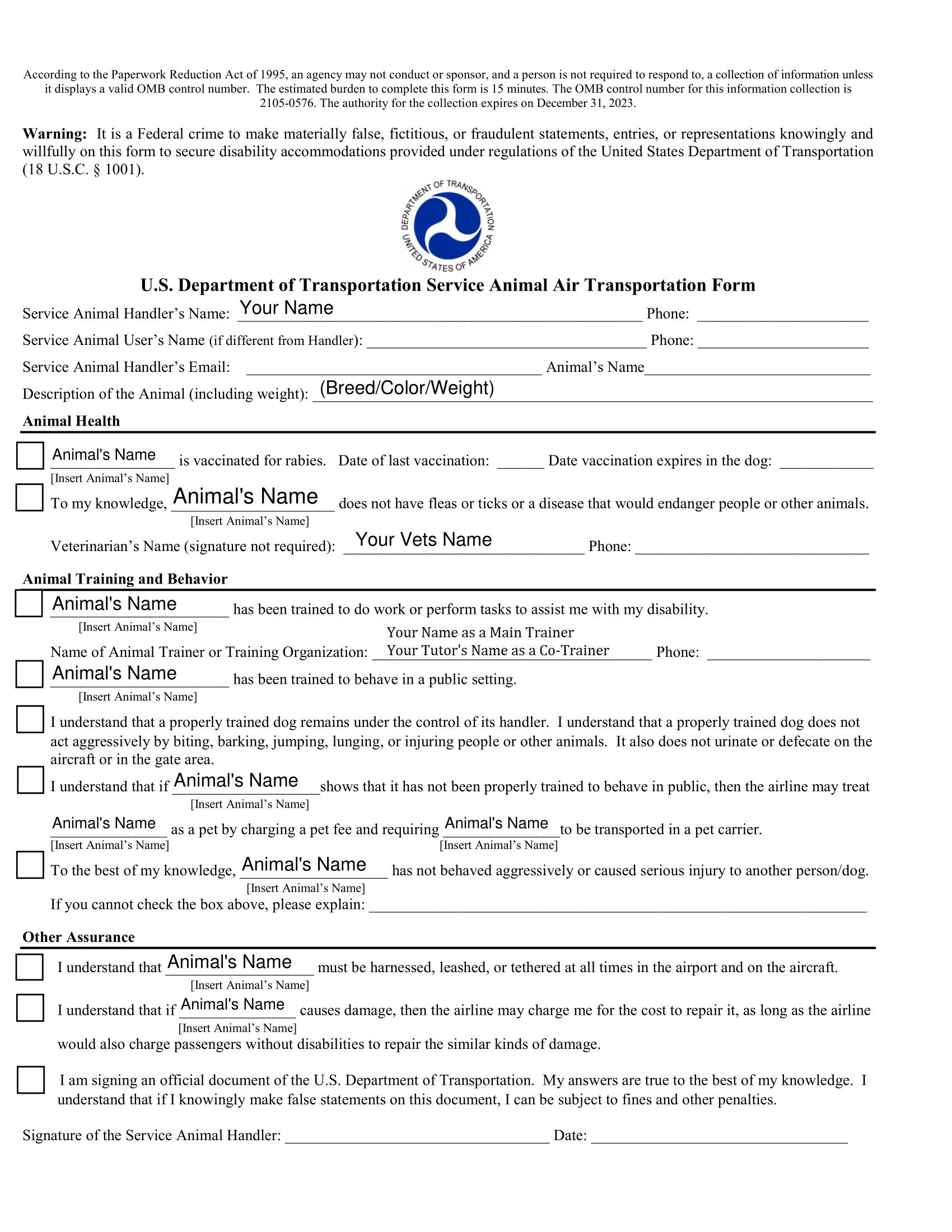 How to Fill Up DOT Service Animal Air Transportation Form To Fly With Your Service Dog